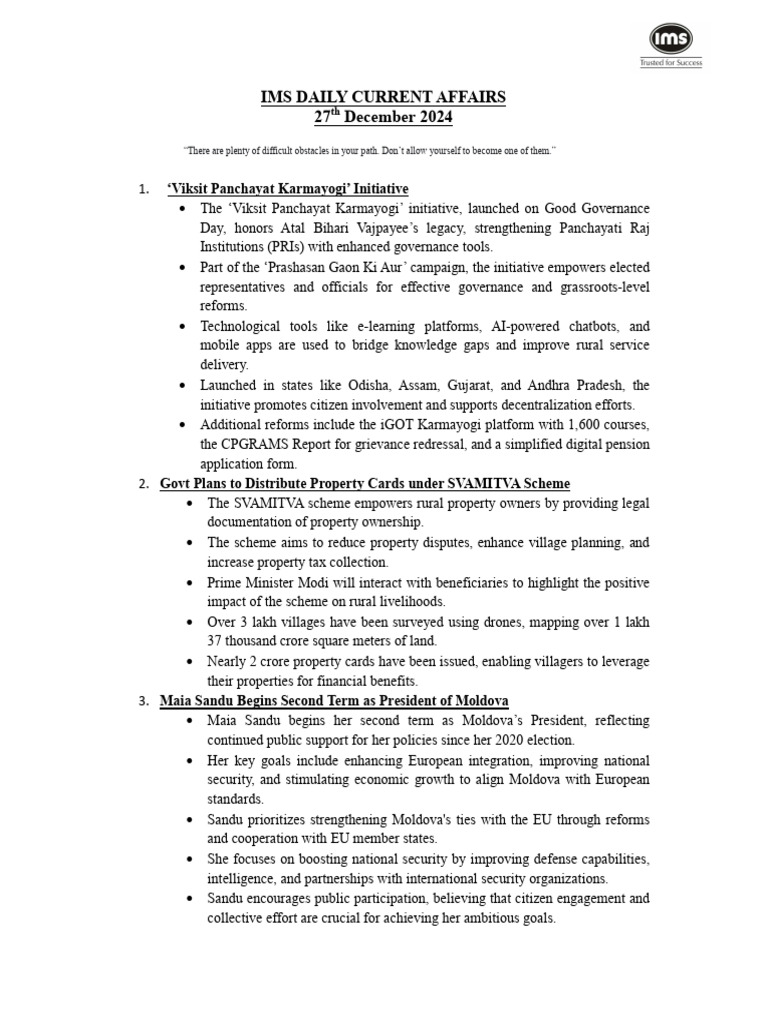 December 27, 2024 Current Affairs Summary | PDF | European Union ...