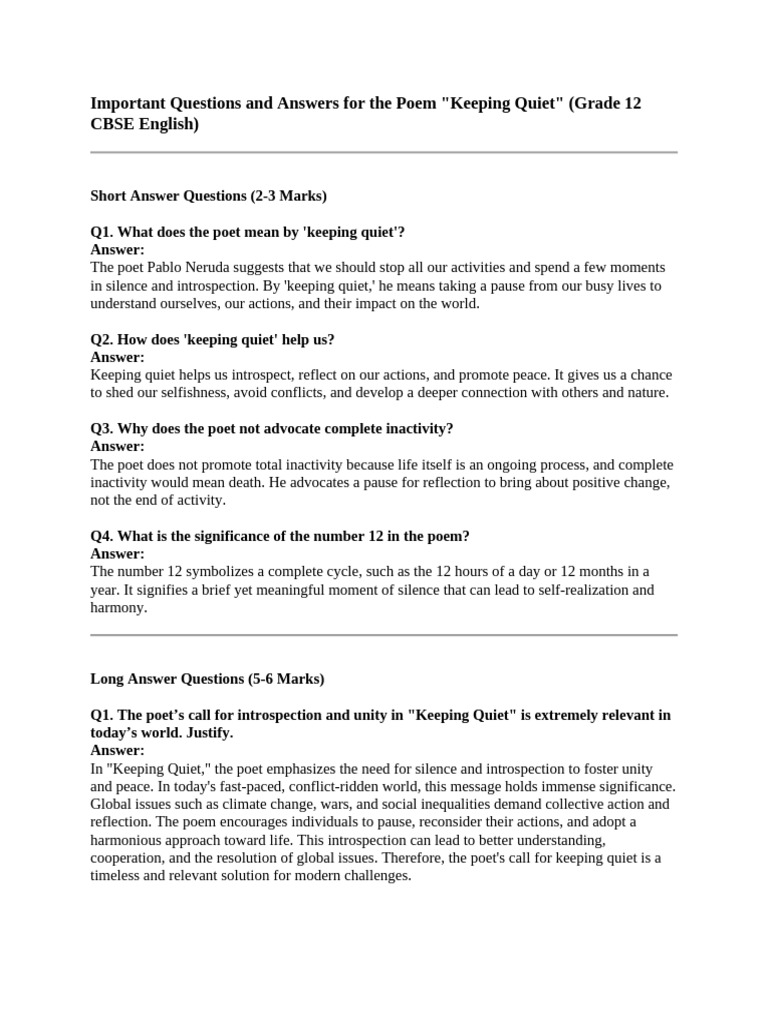 Important Questions and Answers Poem Keeping Quiet Grade 12 | PDF | Silence