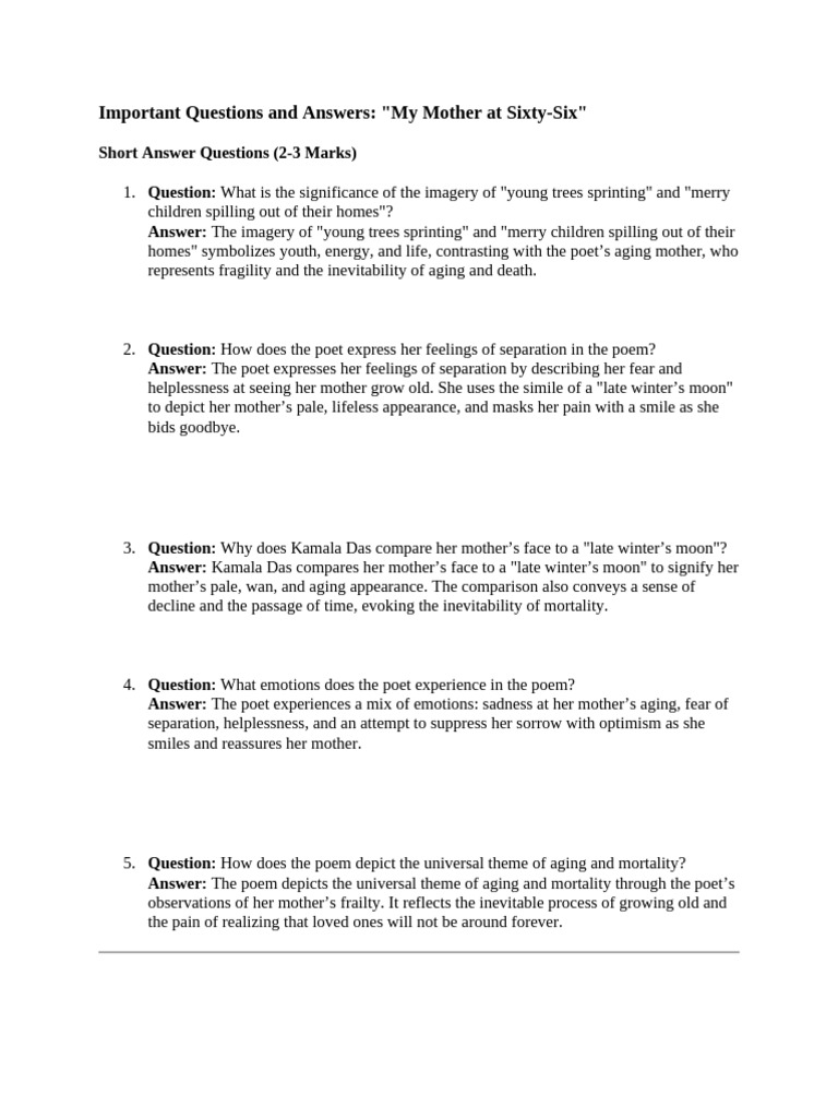 Important Questions and Answers GRADE 12 My Mother at Sixty-Six POEM ...