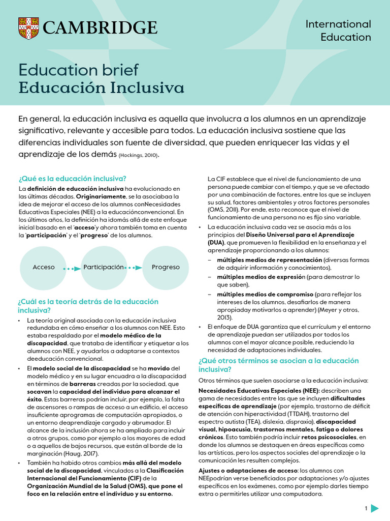 Education Brief Inclusive Education Spanish | PDF | Aprendizaje | Enseñando