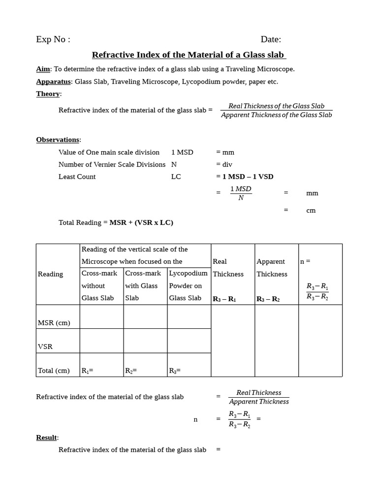 Refractive Index of Glass Slab Experiment | PDF