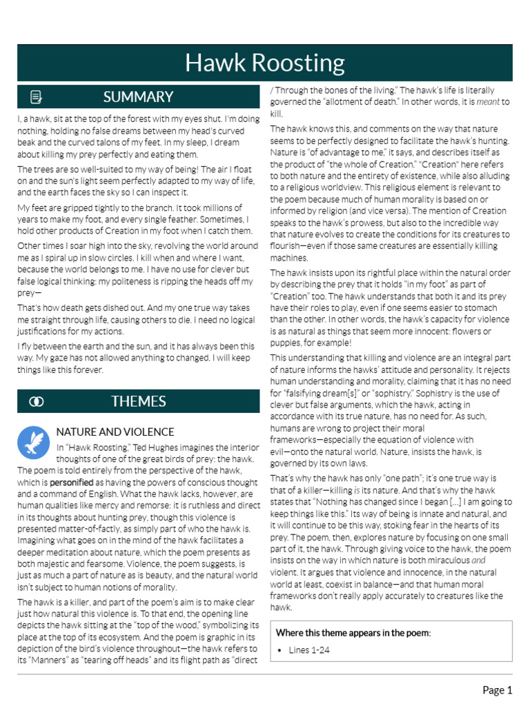 Hawk Roosting (Summary, Analysis & Themes) | PDF | Genesis Creation ...