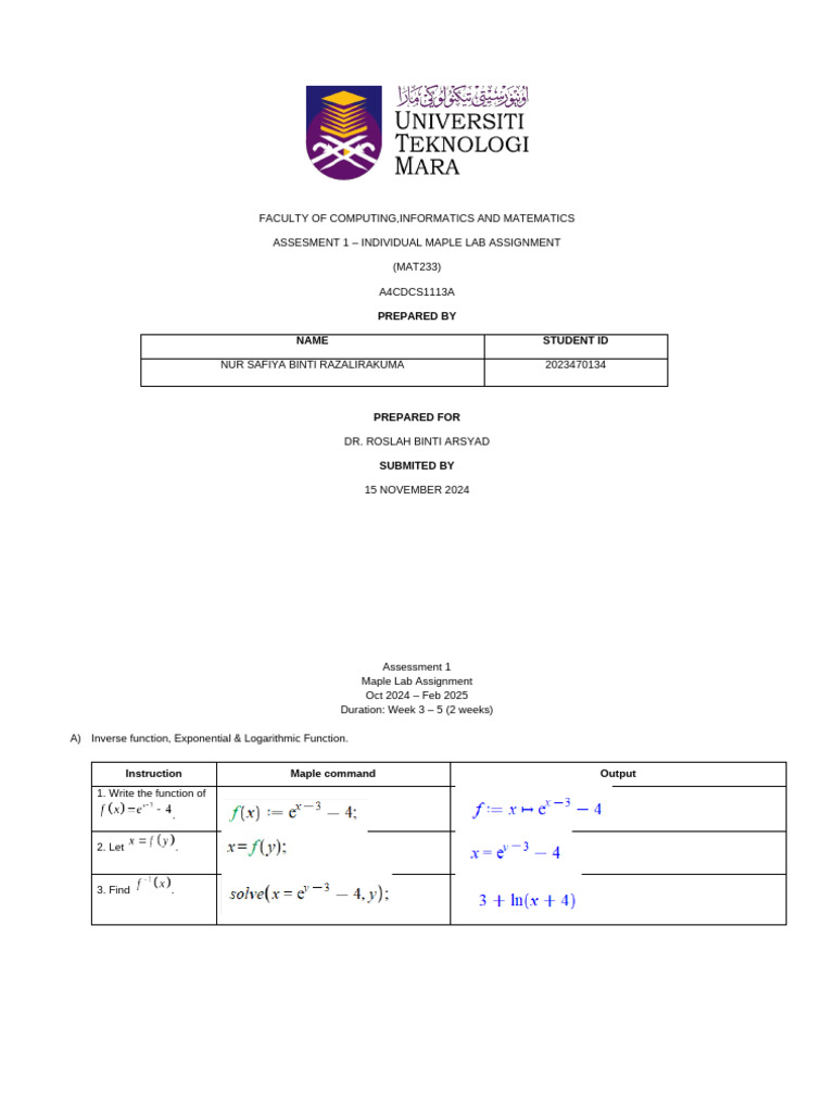 Maple Lab Assesment 20244 | PDF | Function (Mathematics) | Exponential Function