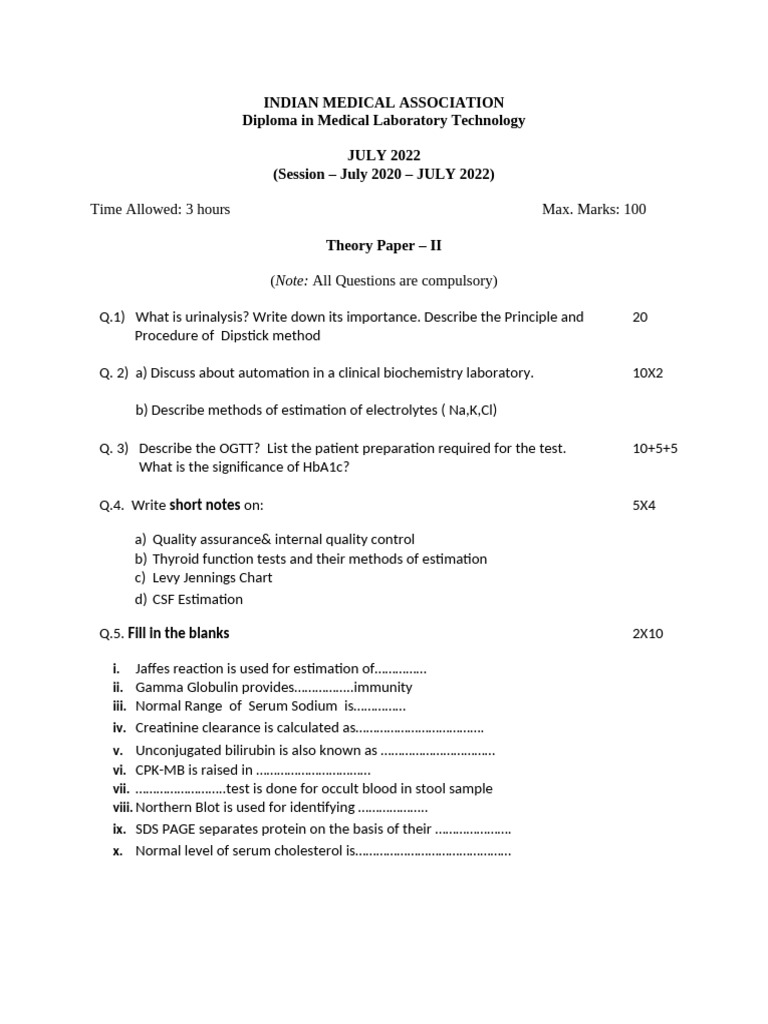 DMLT Paper II-July 2022 | PDF
