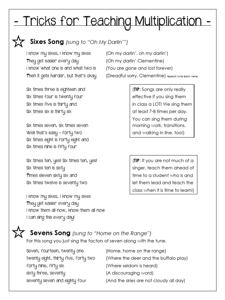 Tricks For Teaching Multiplication - : Sixes Song | PDF
