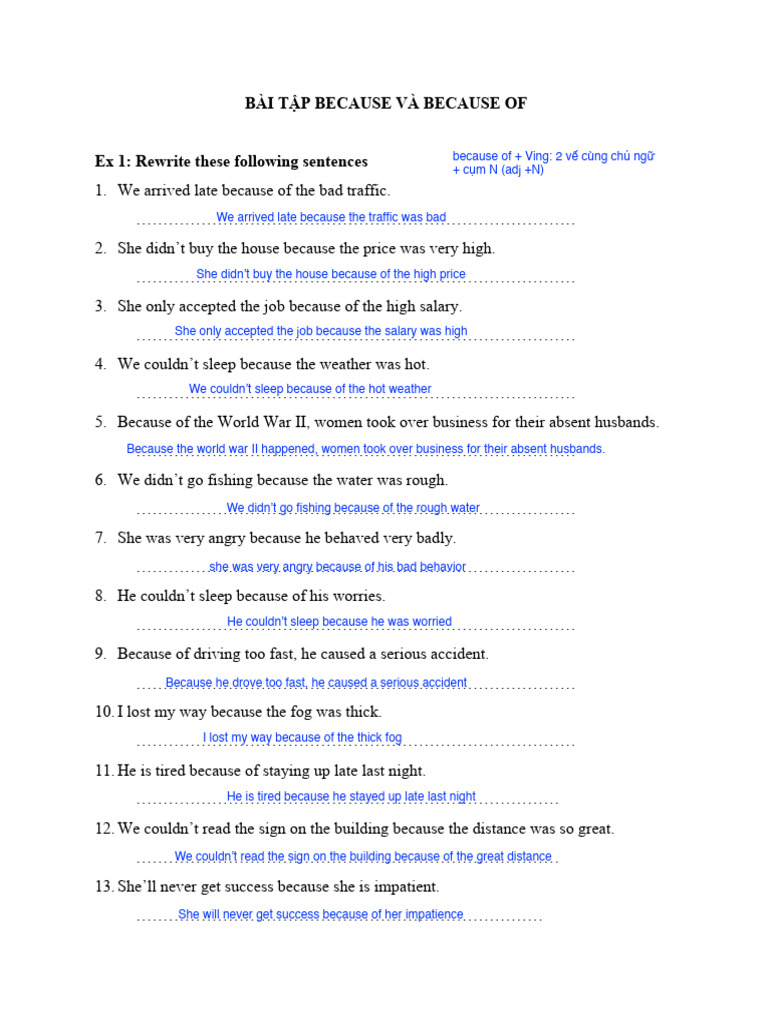 Exercises on "Because" and "Because Of" | PDF