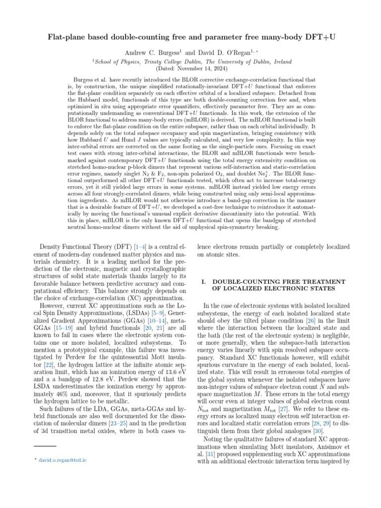 Flat-Plane Based Double-Counting Free and Parameter Free Many-Body DFT+U | PDF | Density ...