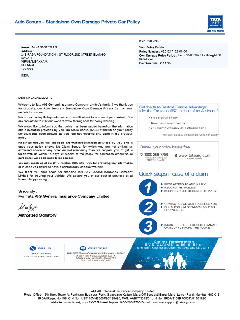 Tata AIG Auto Secure Policy Details | PDF | Insurance | Deductible