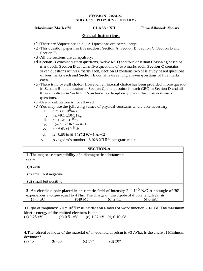 XII - PHYSICS-1st PRE BOARD QP SET 1 | PDF | Photoelectric Effect | Light