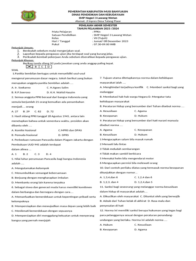 Naskah Soal PAS PPKN Kls 7 - 2021 Final | PDF