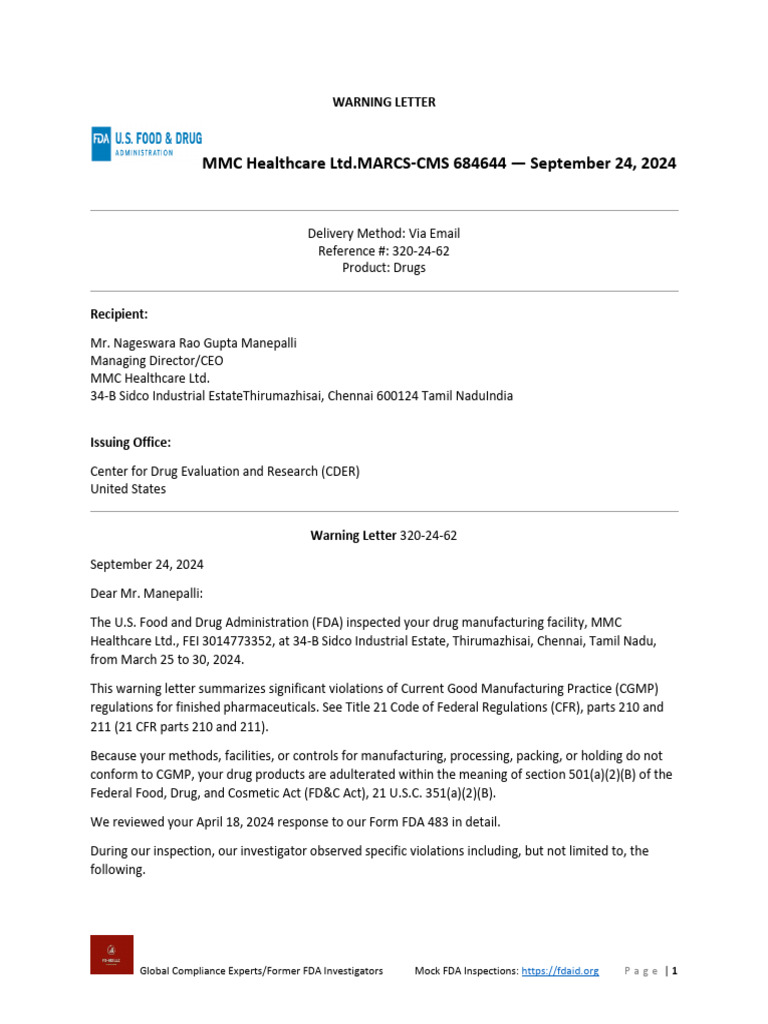 Warning Letter-1 | PDF | Food And Drug Administration | Audit