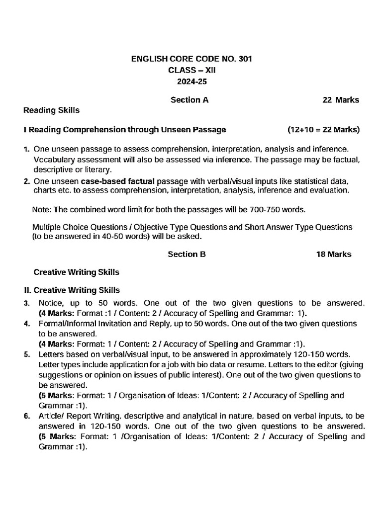 English Core 301 Syllabus 2024 - 25 | PDF | Reading Comprehension ...