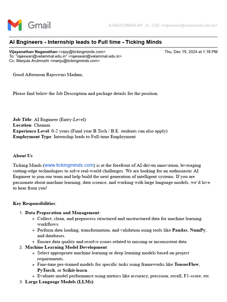 AI Engineers - Internship leads to Full time - Ticking Minds | PDF ...