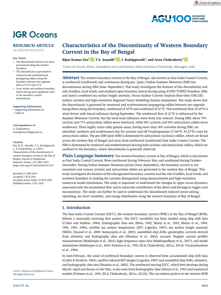 JGR Oceans - 2019 - Das - Characteristics of The Discontinuity of ...