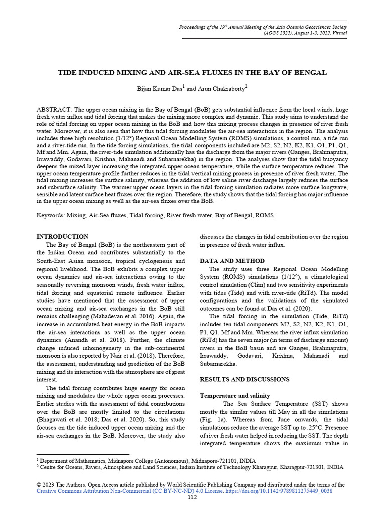 Das Chakraborty 2023 Tide Induced Mixing and Air Sea Fluxes in The Bay ...