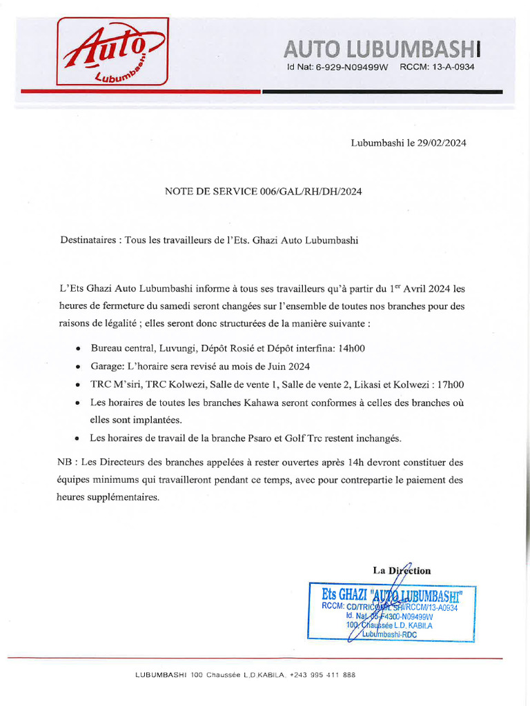 Note de service horaire | PDF
