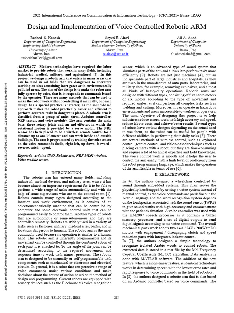 Design and Implementation of Voice Controlled Robotic ARM | PDF ...