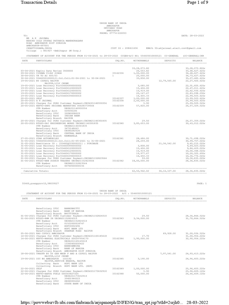 Union Bank Account Statement 2021-2022 | PDF | Banks | Financial Services