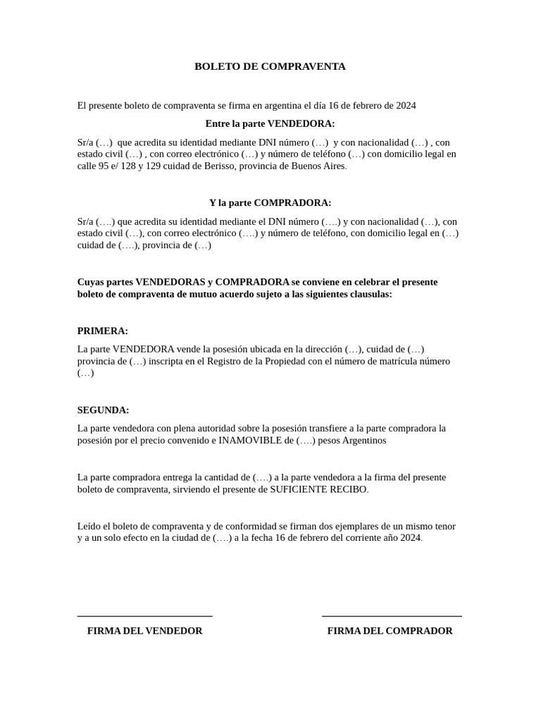 Boleto Compraventa Argentina 2024 | PDF