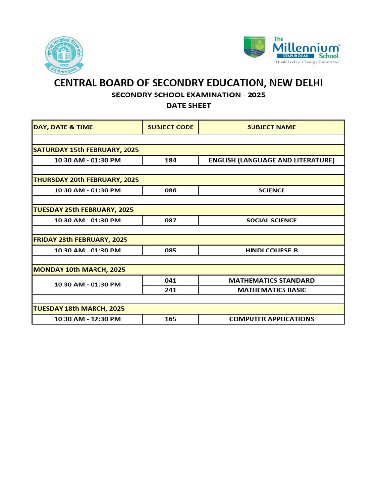 CBSE Class 10 Date Sheet 2025 | PDF