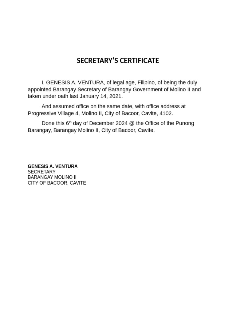 Secretary Certificate | PDF