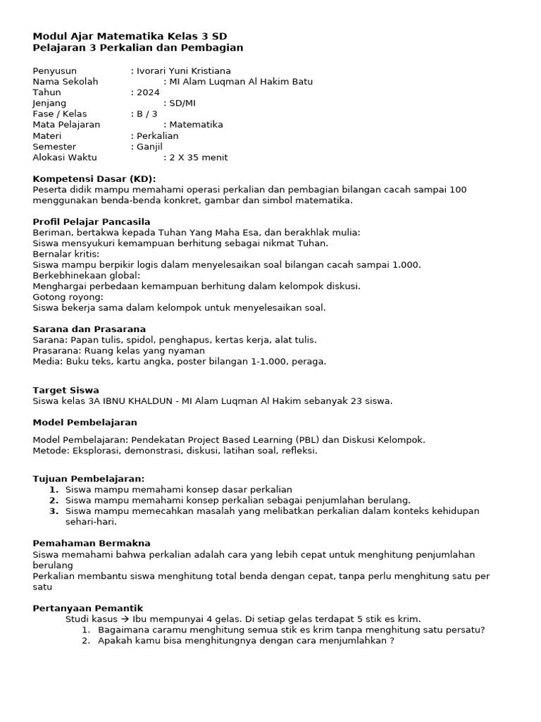 Modul Ajar Matematika Kelas 3 SD - Pelajaran 3 SMT 1 - Unt Supervisi | PDF