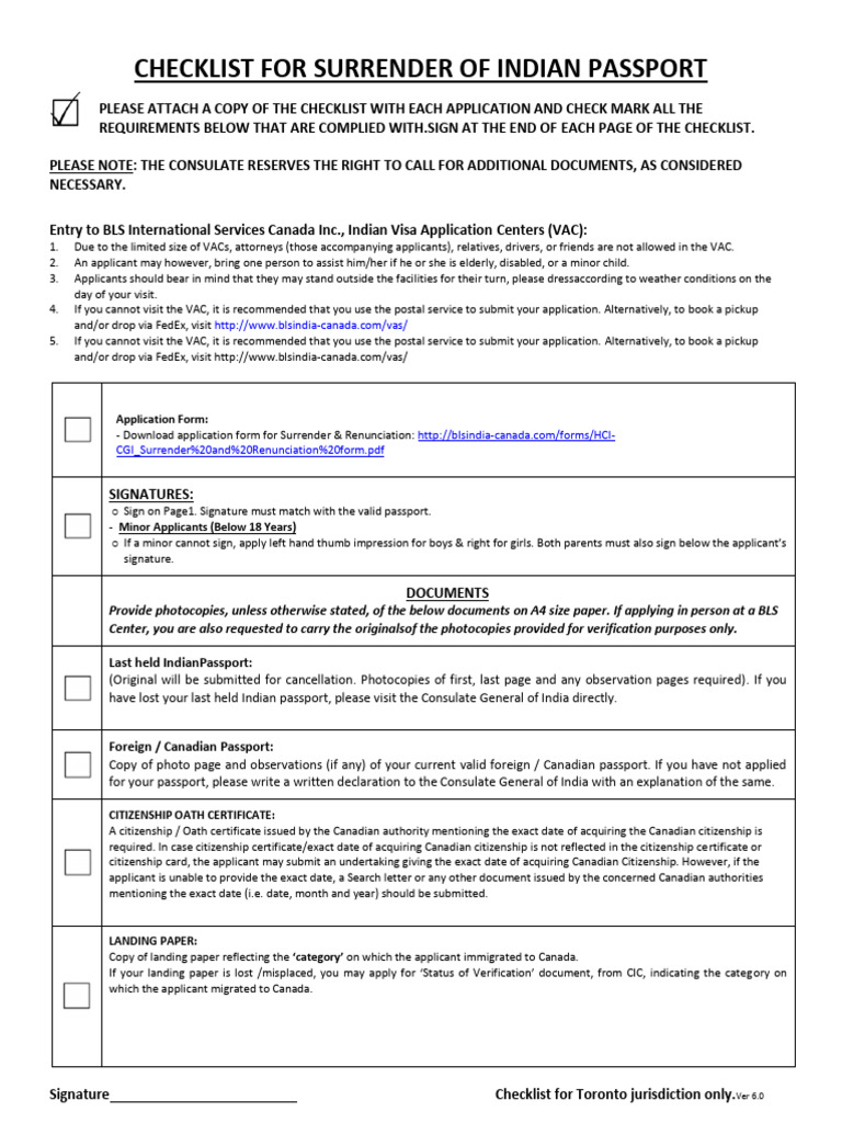 BLS CAN16Toronto SurrenderorDeemed Checklist Rev4.1 | PDF | Passport ...
