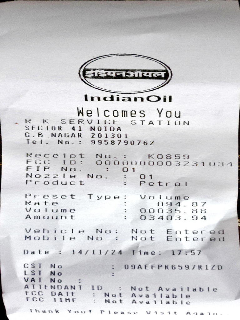 Indian Oil Petrol Receipt - Noida 2024 | PDF