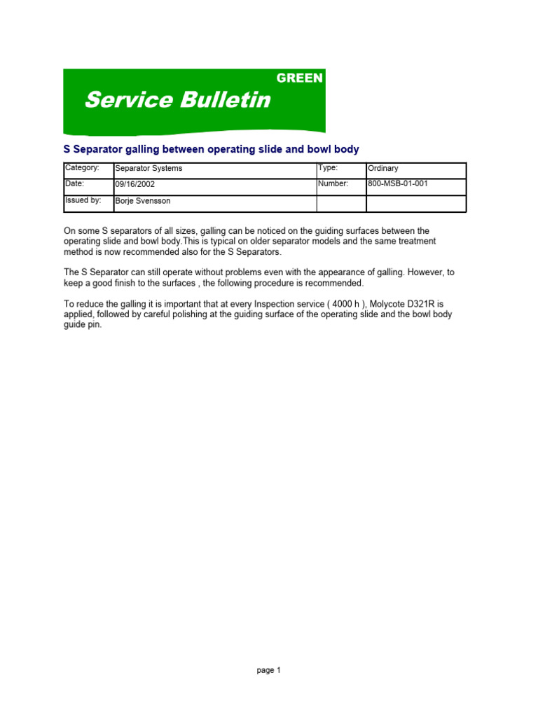 S Separator Galling Between Op Slide and Bowl Body | PDF