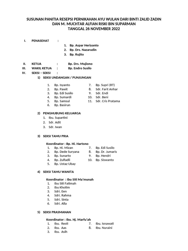 Susunan Panitia Resepsi Pernikahan Ayu Wulan Dari Binti Zalid Zadin | PDF