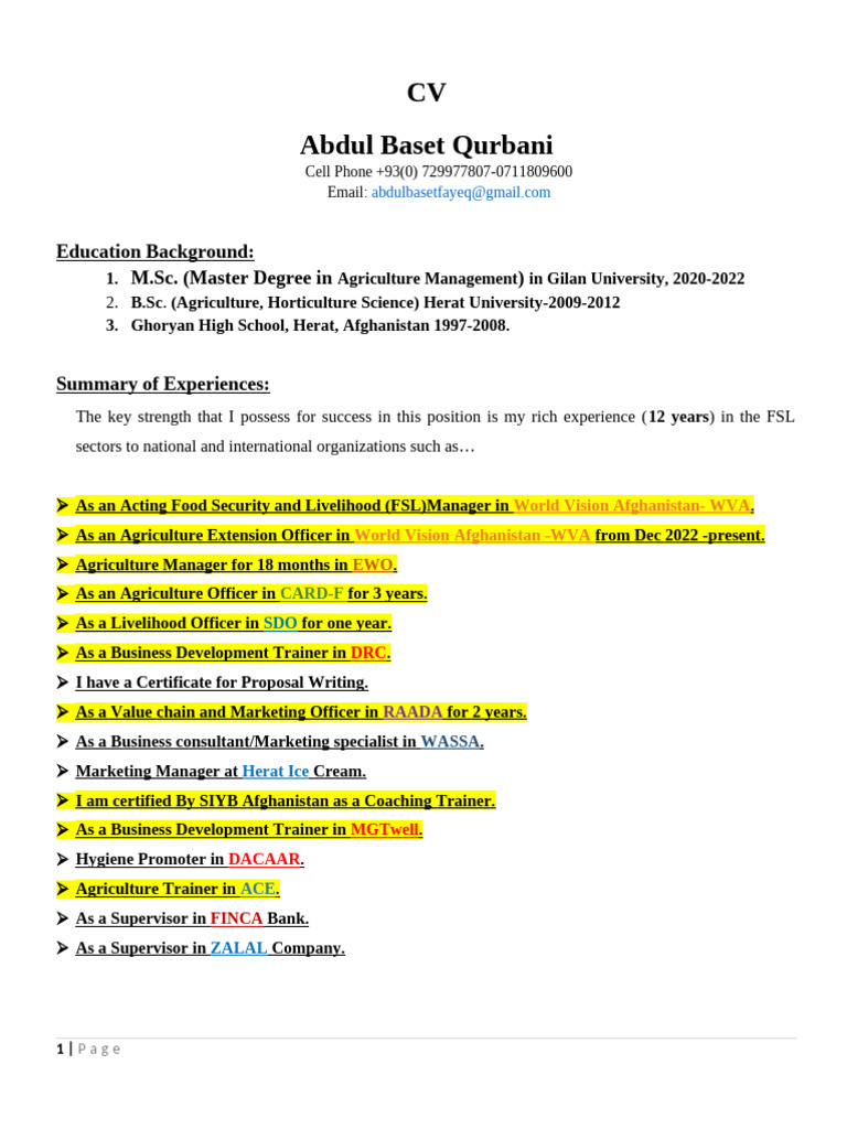 Abdul Baset Qurbani CV , , | PDF