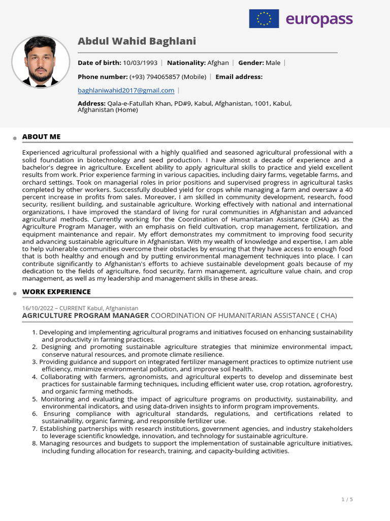 Abdul Wahid Baghlani - CV | PDF | Agriculture | Sustainable Agriculture