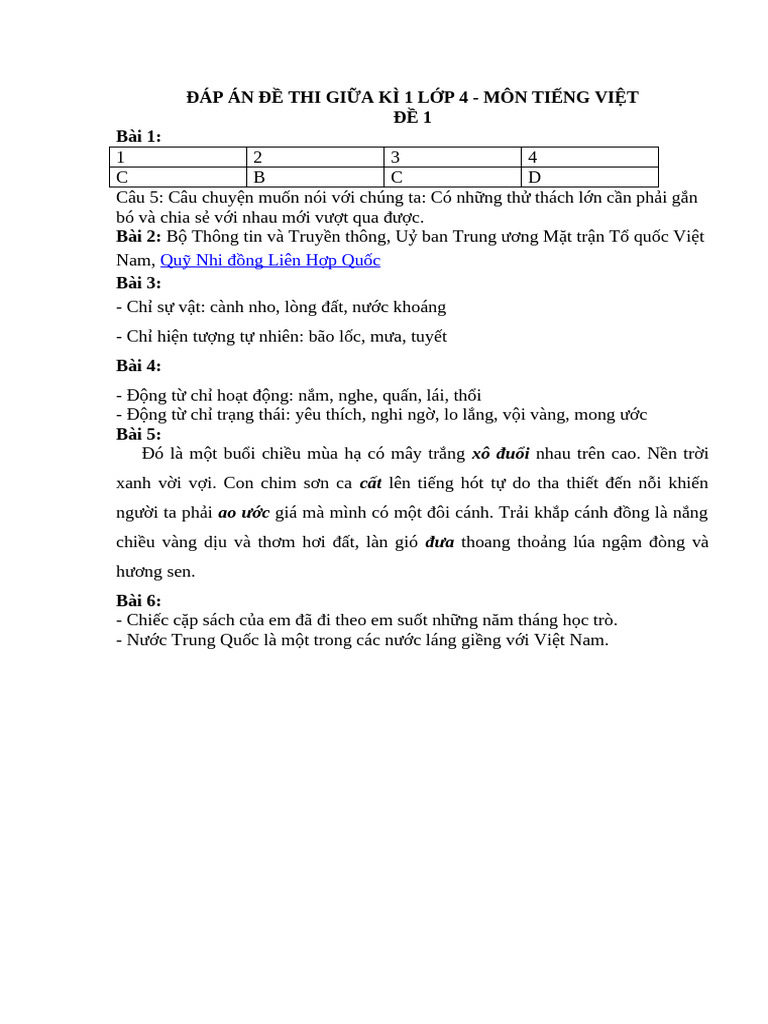 Đáp Án TV GK1 Lớp 4 KNTT | PDF