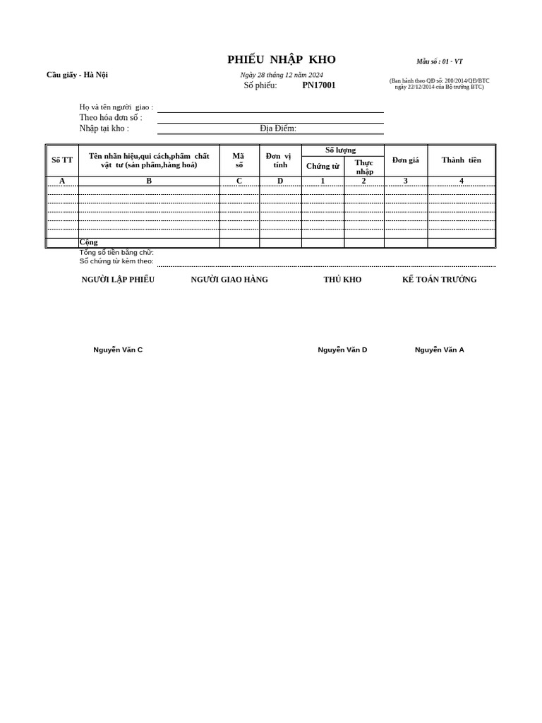 Mẫu phiếu XNK TT200 | PDF
