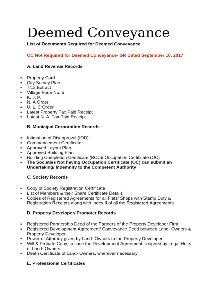 Deemed Conveyance Check List | PDF