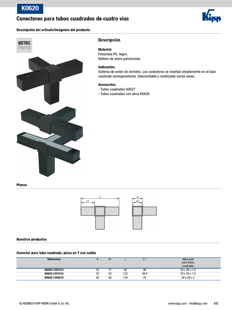 K0620 Datasheet 18152 Conectores para Tubos Cuadrados de Cuatro V As ...