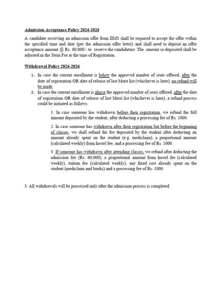 Admission and Withdrawal Policy 2024-2026 | PDF