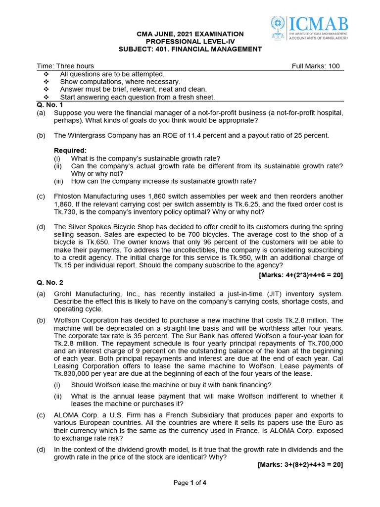 401.FIMP - .L IV Question CMA June 2021 Exam | PDF | Stocks | Renminbi