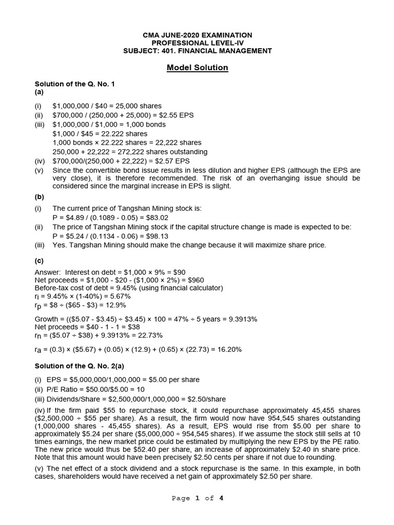 FIM P.L IV Solution CMA June 2020 Exam | PDF | Share Repurchase | Dividend