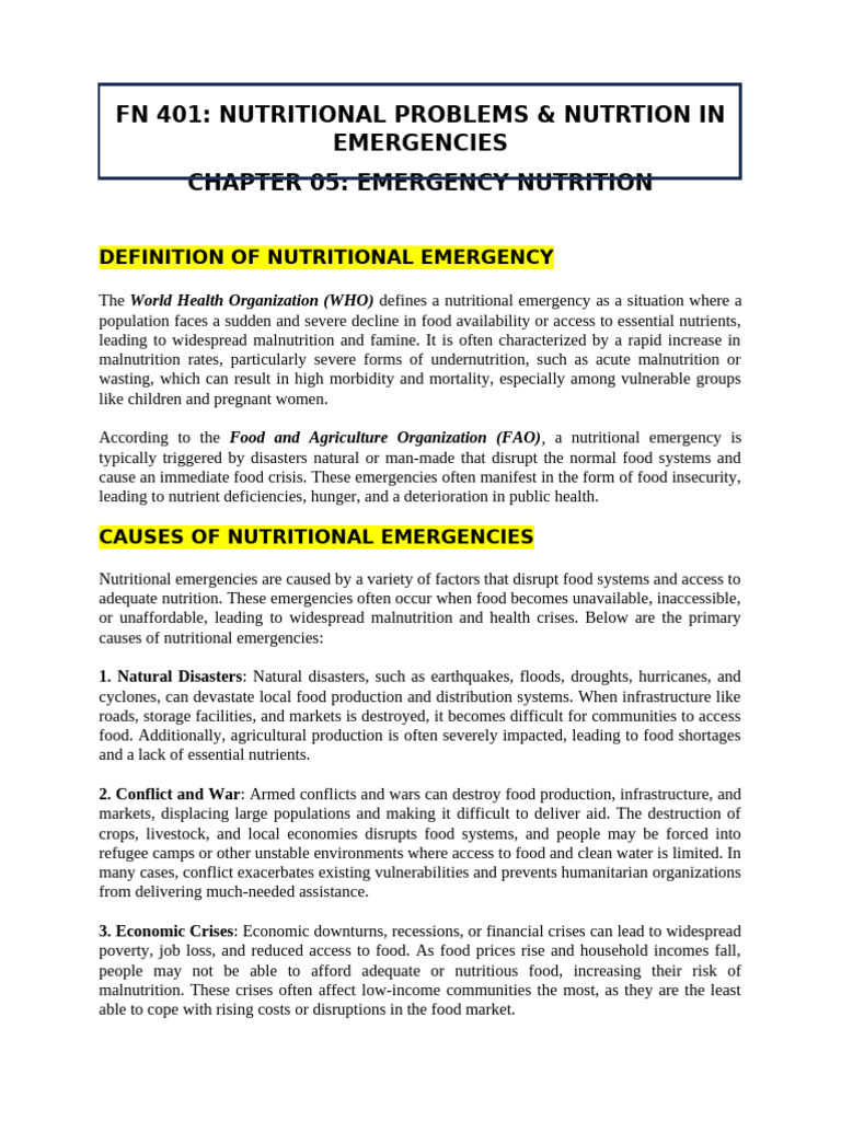 FN 401, Chapter 05, Emergency Nutrition | PDF | Malnutrition | Food ...