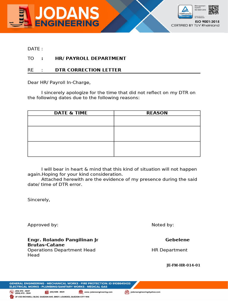 DTR Correction Letter JE-FM-HR-014-Rev. 01 (01!30!2024) | PDF