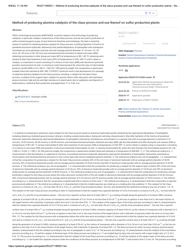 RU2711605C1 - Method of Producing Alumina Catalysts of The Claus ...