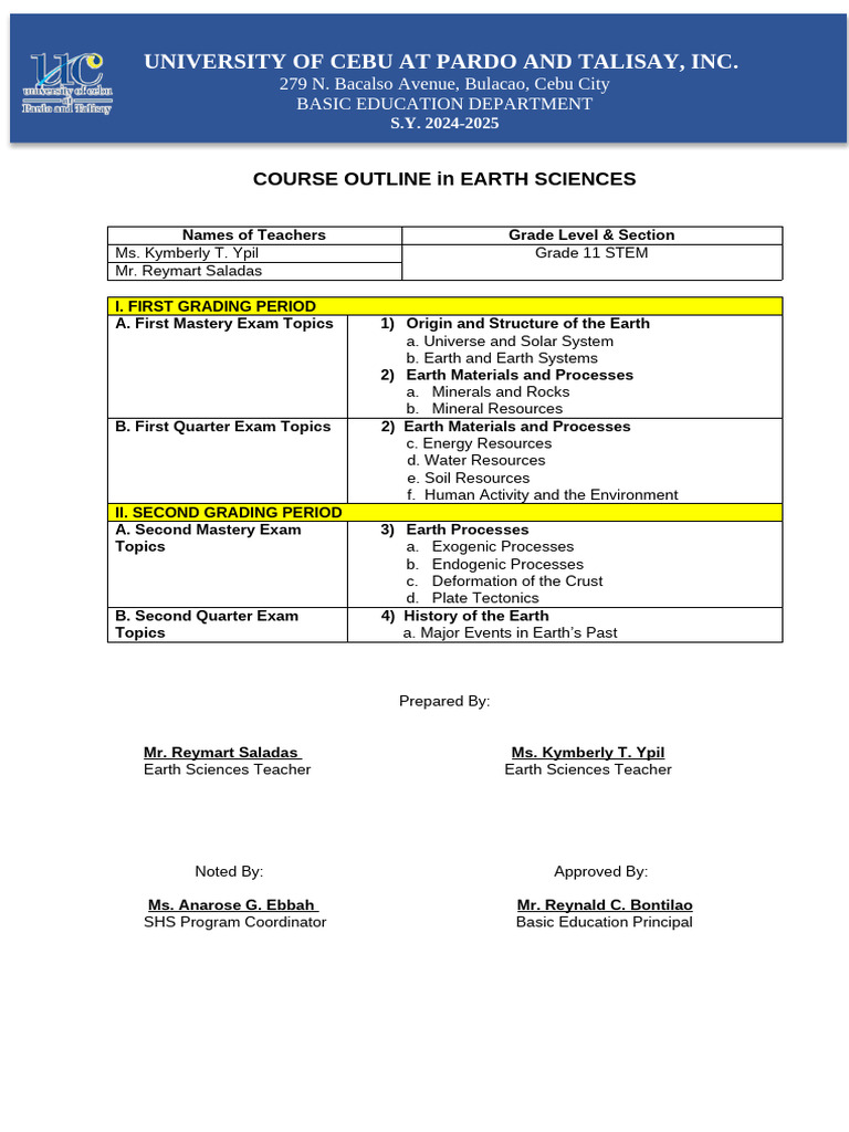 Earth Sciences Course Outline 2024-2025 | PDF
