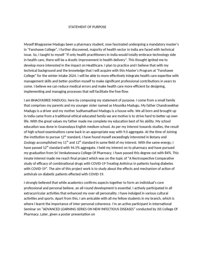 Statement of Purpose | PDF | Pharmacy | Clinical Trial