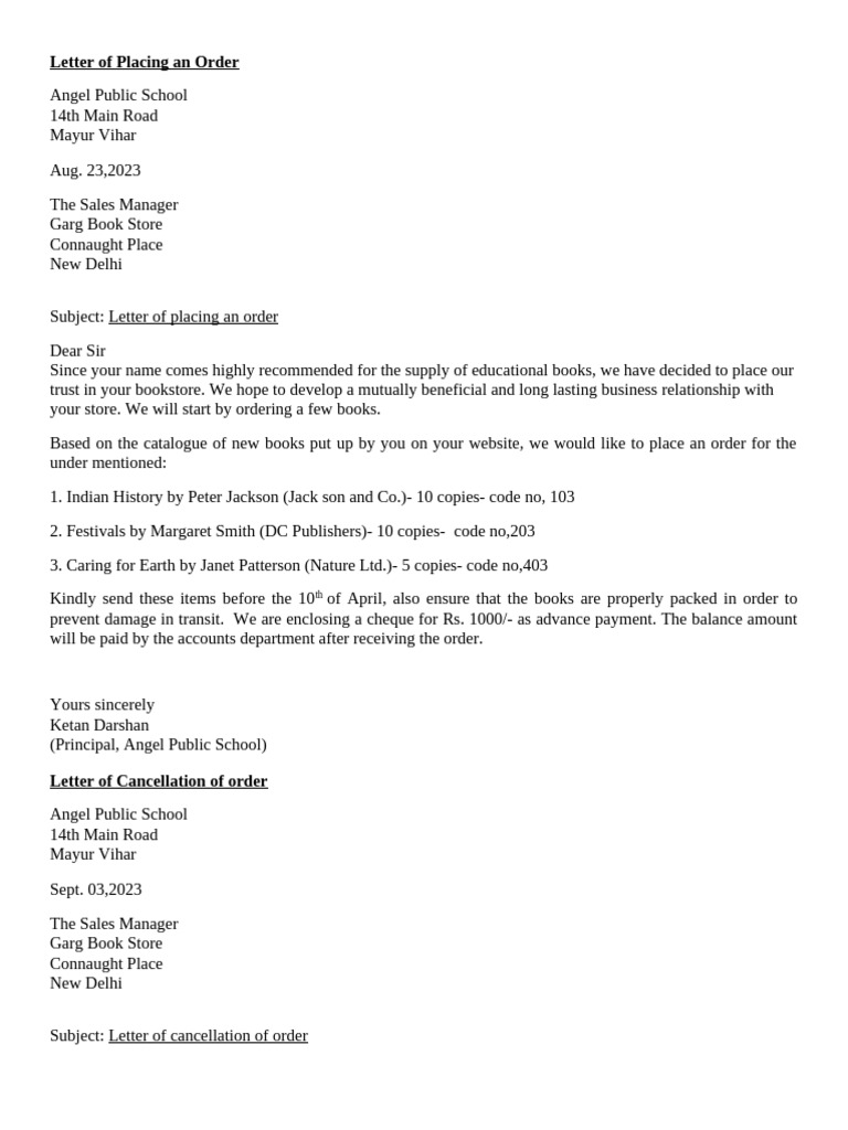 Order and Cancellation Letters Template | PDF
