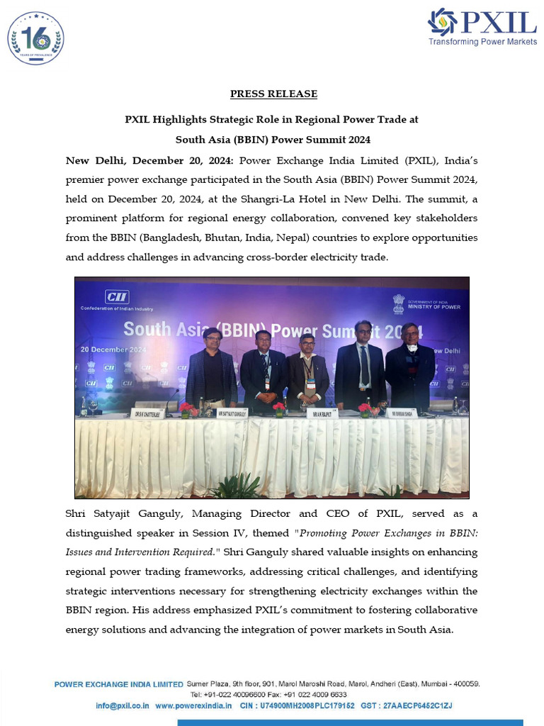 PXIL Highlights Strategic Role in Regional Power Trade at South Asia ...