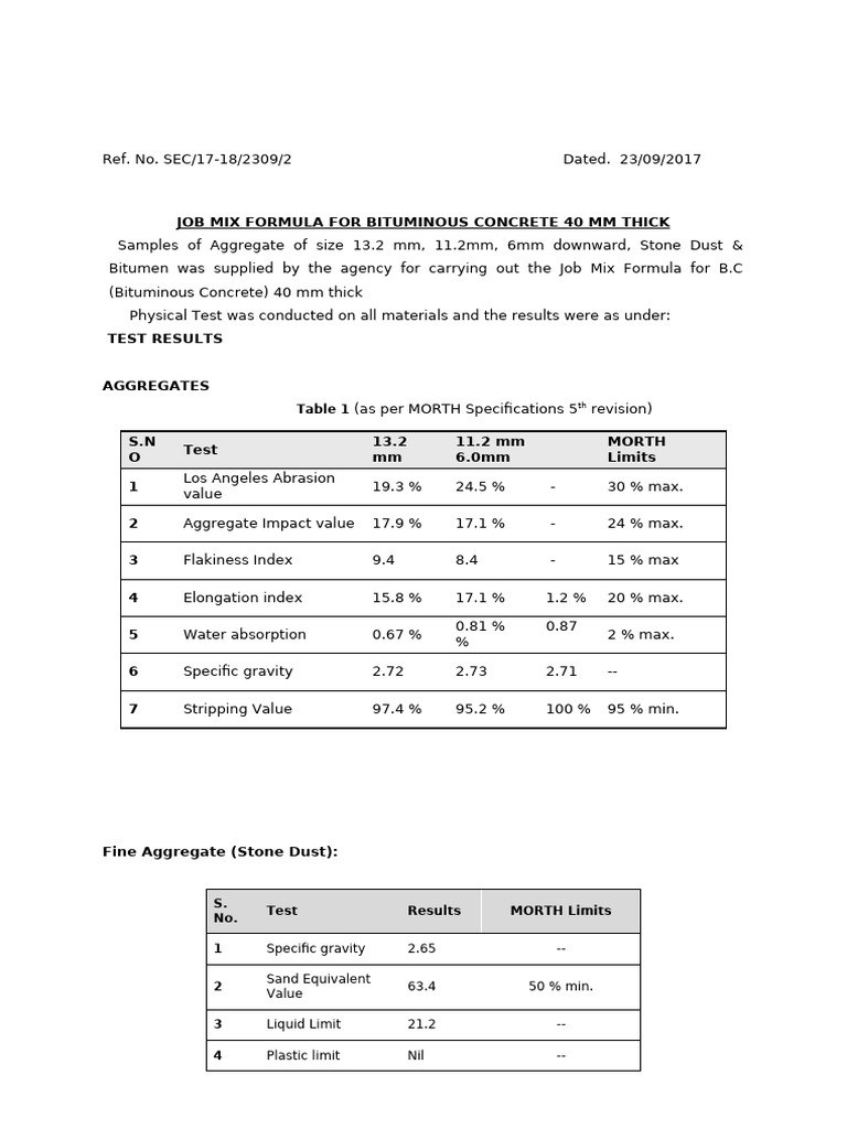 Bituminous Concrete Job Mix Formula | PDF | Concrete | Density