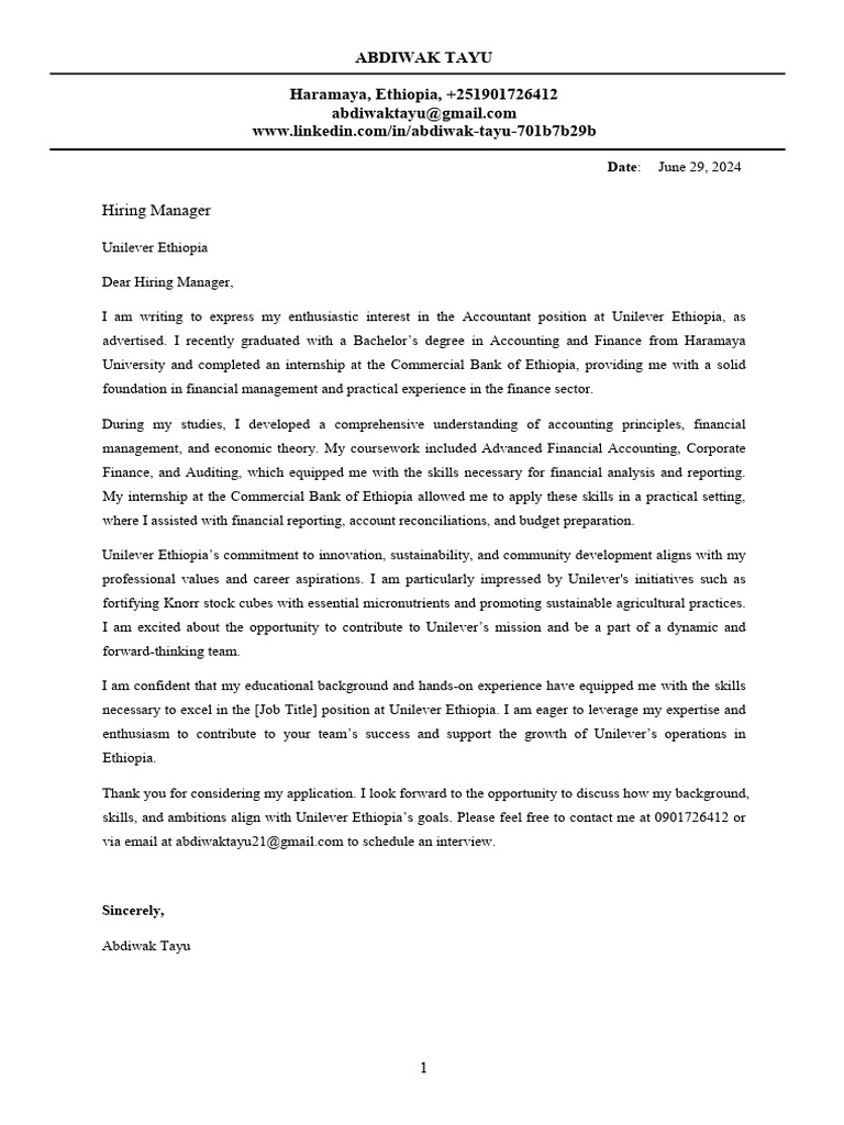 Unilever Ethiopia cover letter | PDF