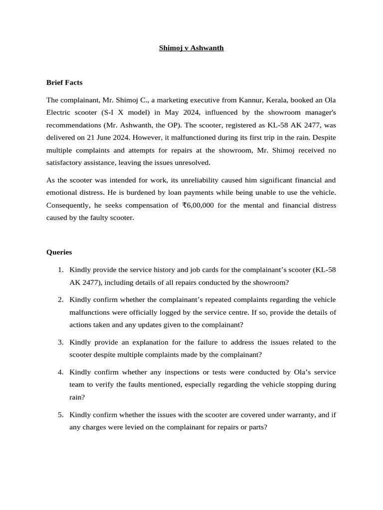 Shimoj V Ashwanth - Breif Facts & Queries (Revised) | PDF