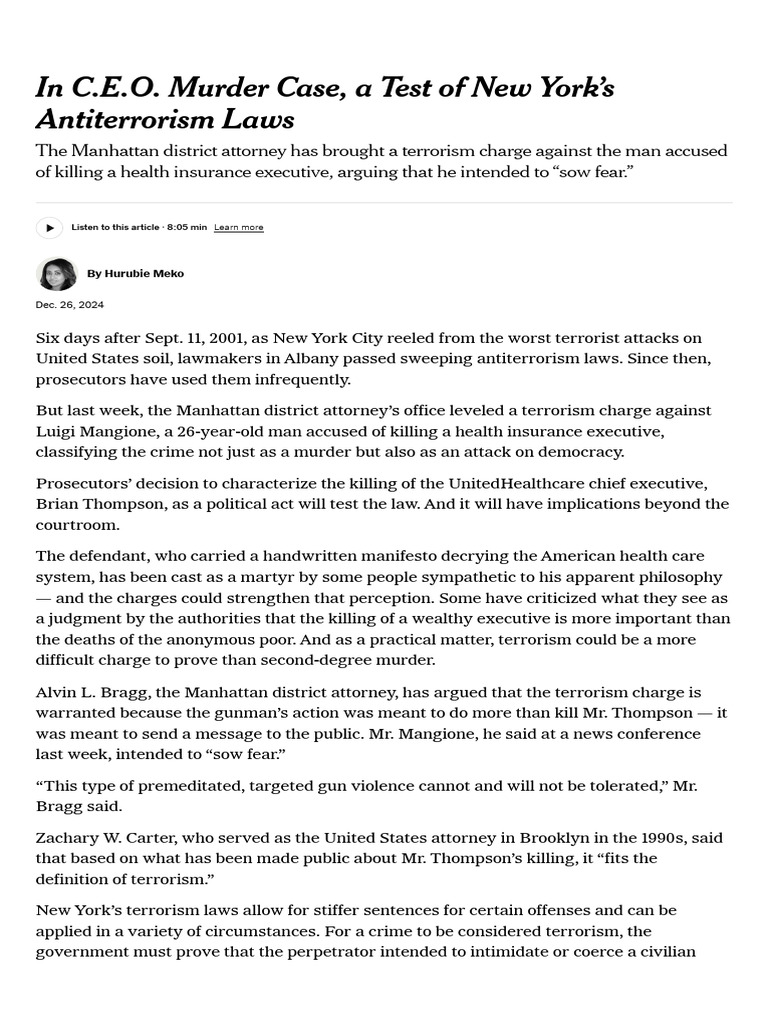 In Luigi Mangione's CEO Murder Case, New York's Antiterrorism Laws Will ...